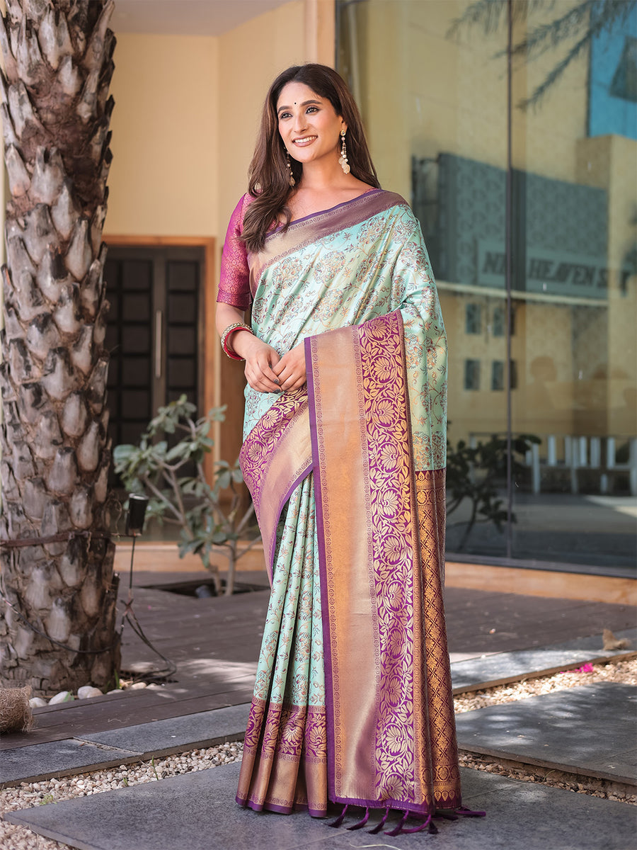 Buy Turquoise Dharmavaram Silk Zari Woven Traditional Saree with Blouse online-Karagiri