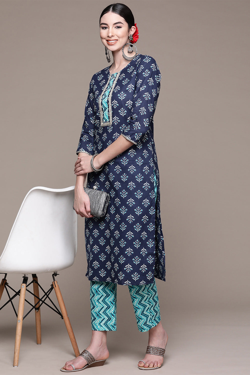 Buy Blue Ethnic Motifs Printed Pure Cotton Kurta Set Online Karagiri