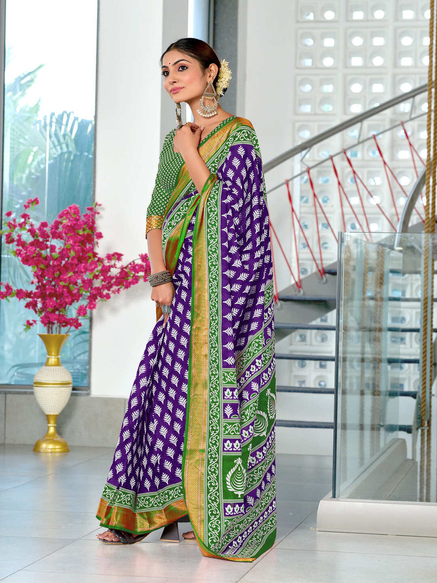 Buy Purple Pure Cotton Mulmul Buti Hand Block Print With Hevay Zari ...