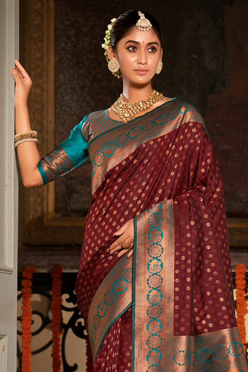 Buy Brown Banarasi Silk Saree With Blouse Piece 62828 Online | Karagiri