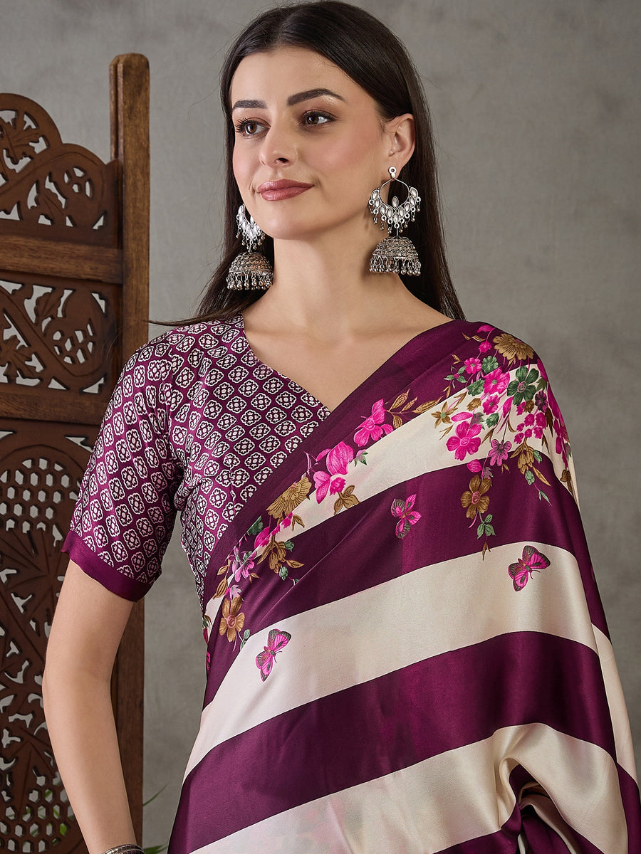 Buy Wine Semi Modal Saree With Blouse Piece 46448 Online | Karagiri