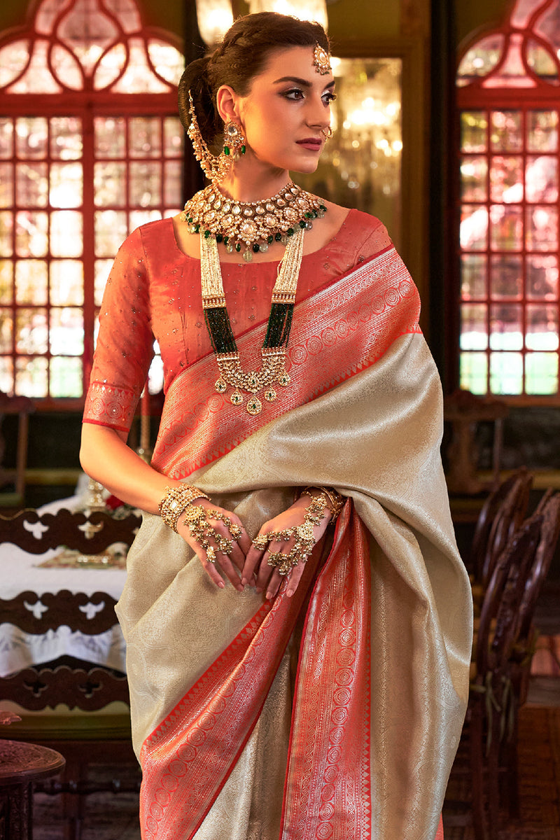 Buy Off White Kanjivaram Saree 96223 Online | Karagiri