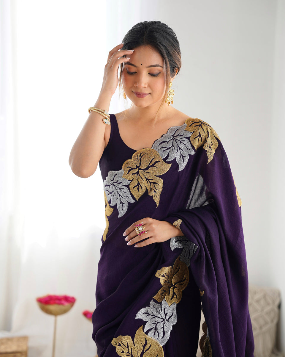 Buy Purple Vichitra Silk Sequins Embroidery Work With Cut Work Border ...