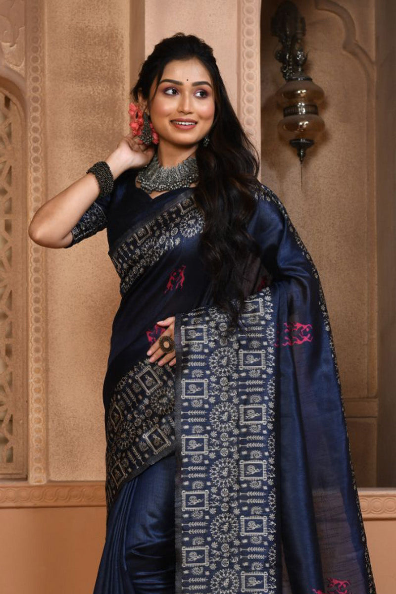 Buy Navy Blue Raw Silk Saree With Blouse Piece online-Karagiri