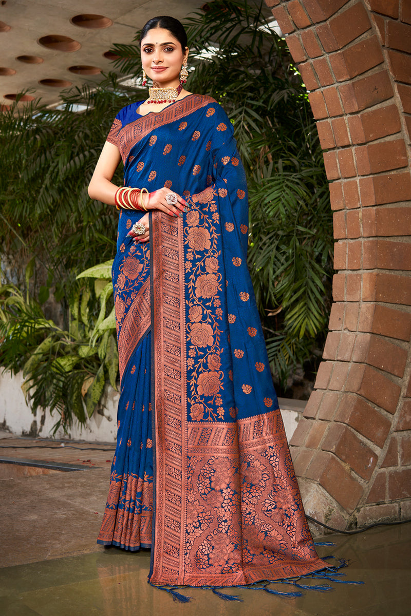 Buy Blue Silk Saree With Blouse Piece 14006 Online | Karagiri