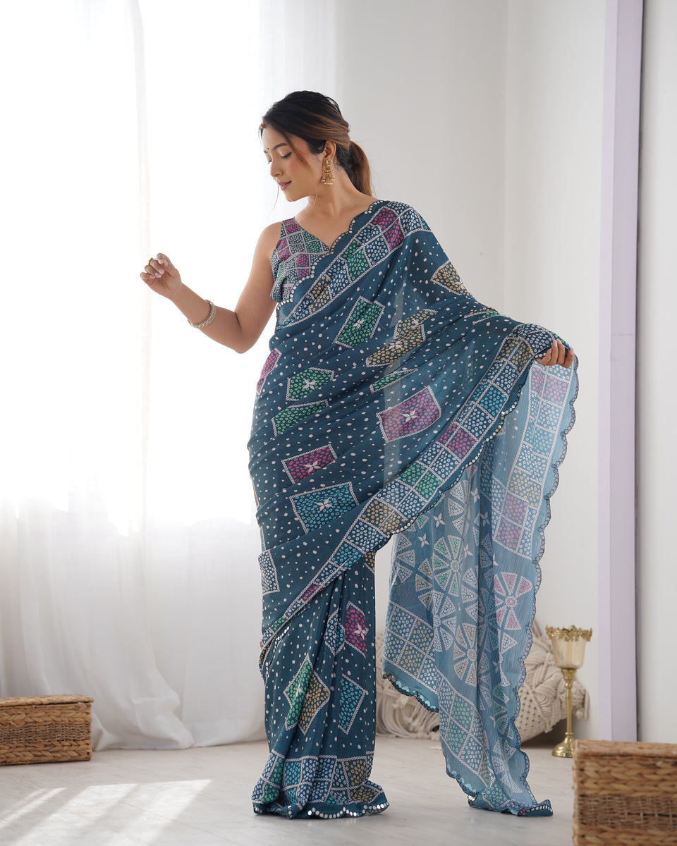 Buy Multicolor Chinon Print With Mirror Work Designer Saree With Blouse ...