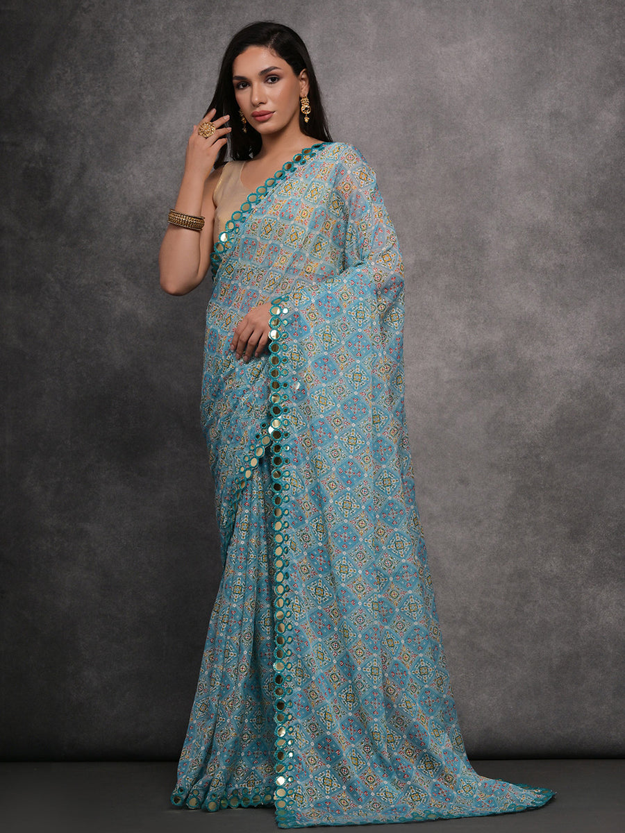 Buy Sky Blue Chiffon Mirror Work Designer Saree with Blouse online-Karagiri