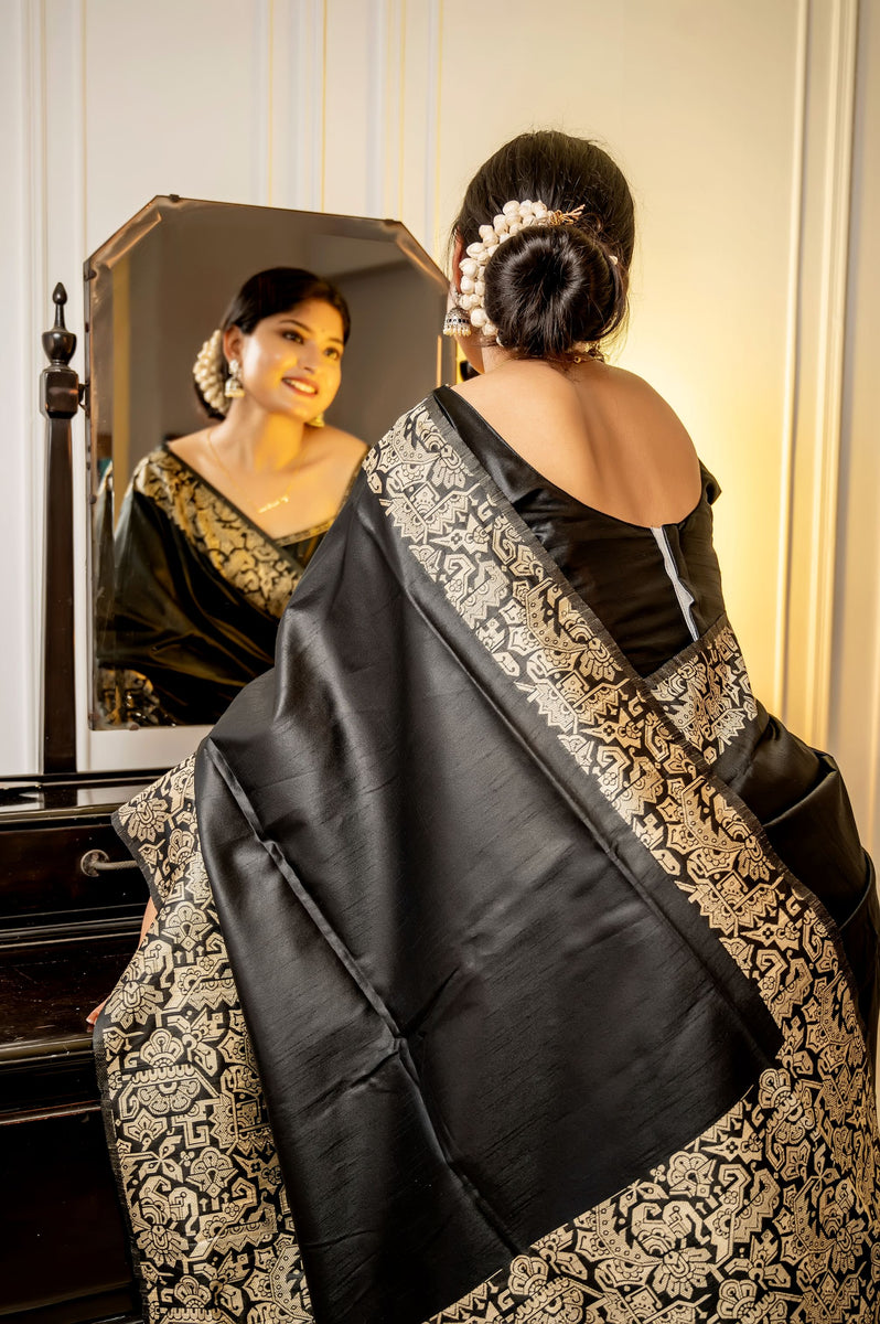 Buy Black Handloom Raw Silk Weaving Designer Saree With Blouse 36366 ...