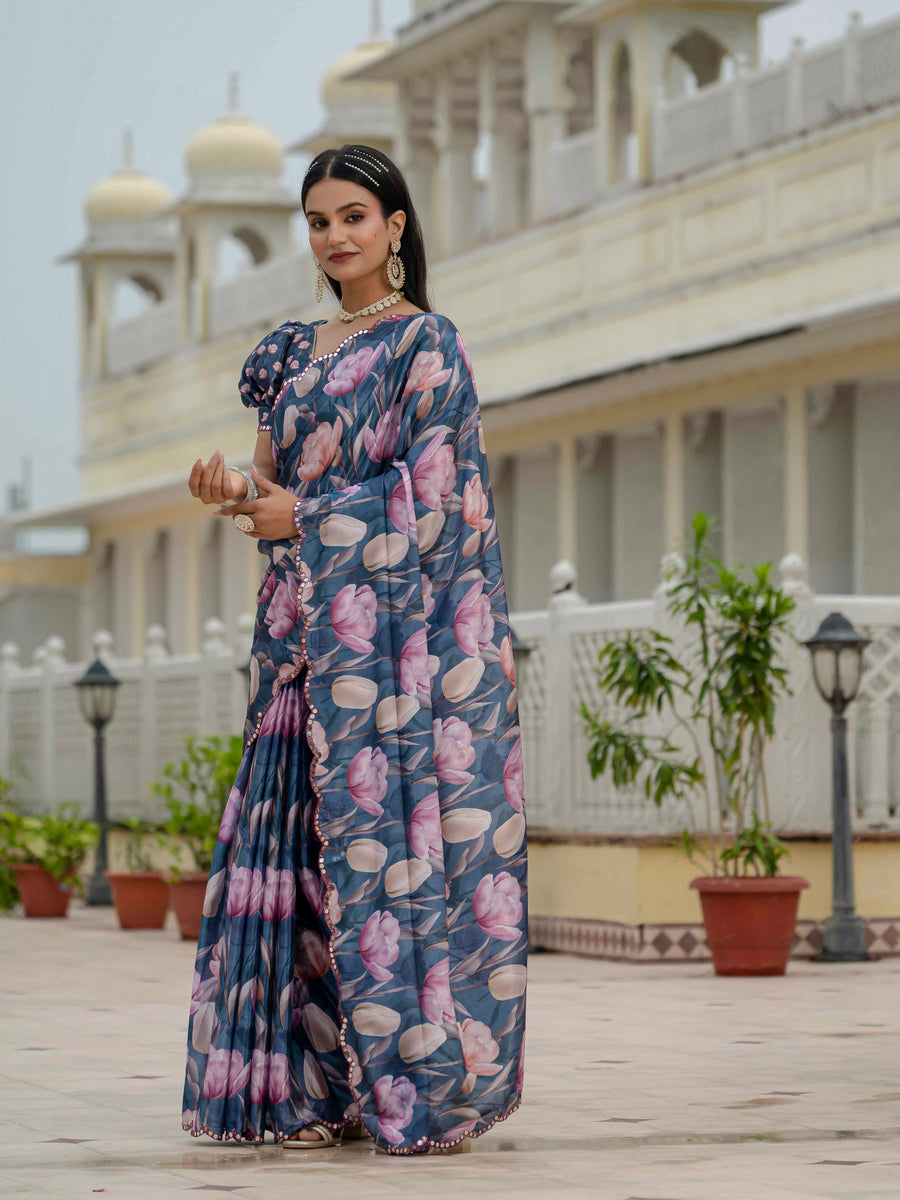 Buy Navy Blue Chinon Digital Print With Mirror Saree With Blouse 22197 ...