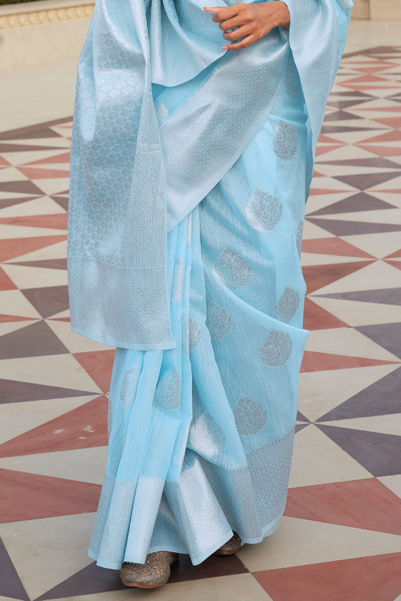 Buy Powder Blue Linen Saree 92103 Online | Karagiri