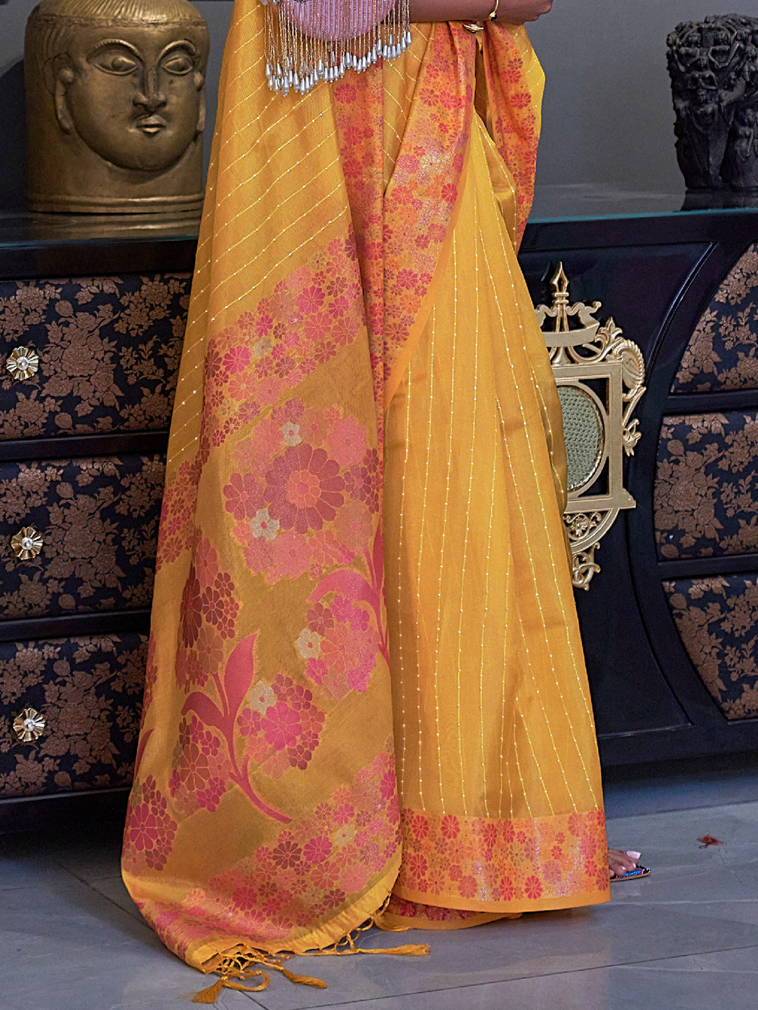 Buy Canary Yellow Organza Saree online-Karagiri