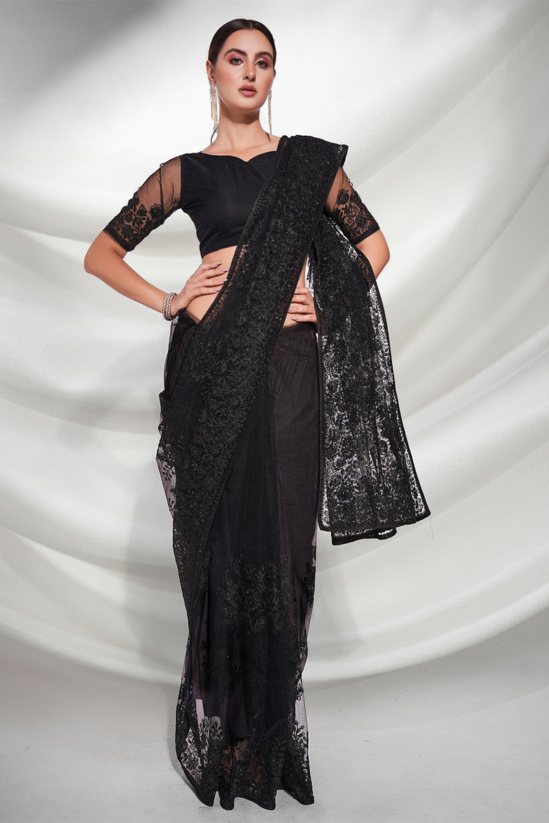 Buy Black Net Saree With Blouse Piece 16812 Online | Karagiri