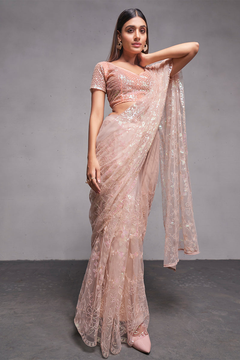 Buy Rose Gold Net Saree With Blouse Piece 40055 Online | Karagiri