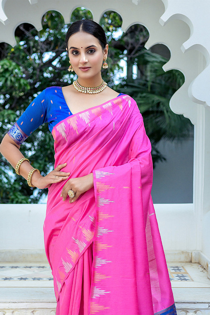 Buy Pink Silk Blend Saree With Blouse Piece 74749 Online | Karagiri
