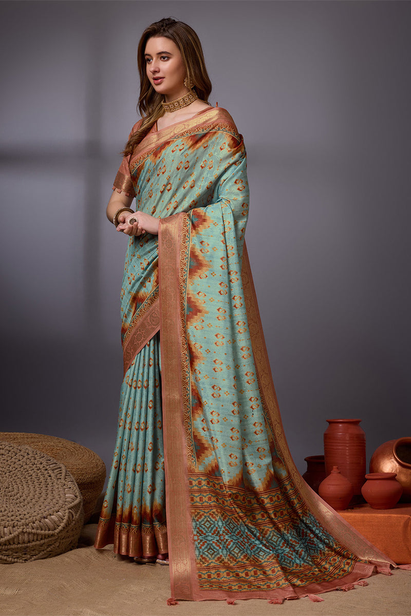 Buy Blue Cotton Silk Saree With Blouse Piece 85179 Online | Karagiri