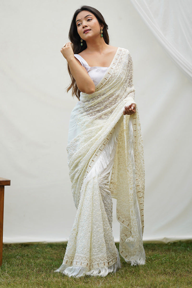 Buy Off White Georgette Saree With Blouse Piece 83658 Online | Karagiri