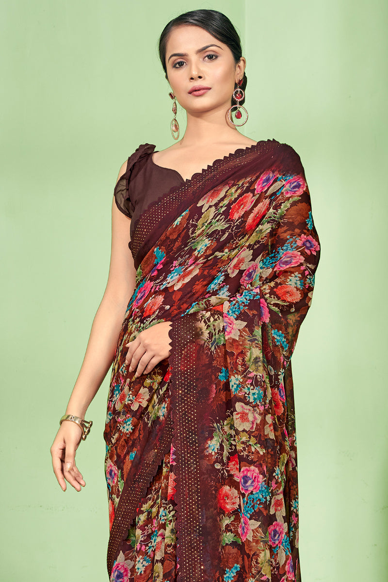 Buy Chocolate Brown Georgette Saree 83947 Online | Karagiri
