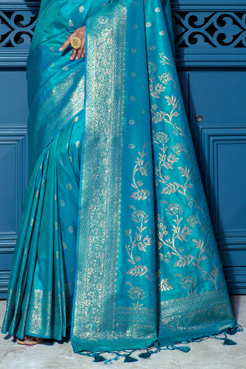 Buy Firozi Blue Banarasi Silk Saree 66744 Online | Karagiri
