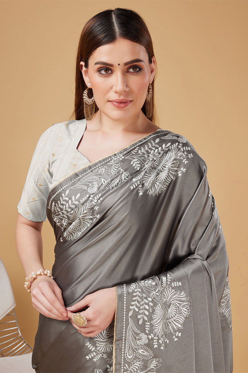Buy Grey Satin Embroidered Broder Satin Saree 94816 Online | Karagiri