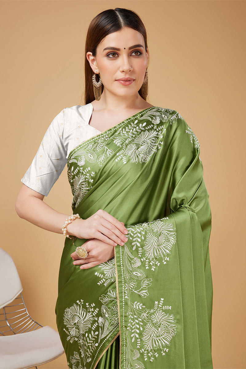 Buy Green Satin Embroidered Broder Satin Saree 64609 Online | Karagiri