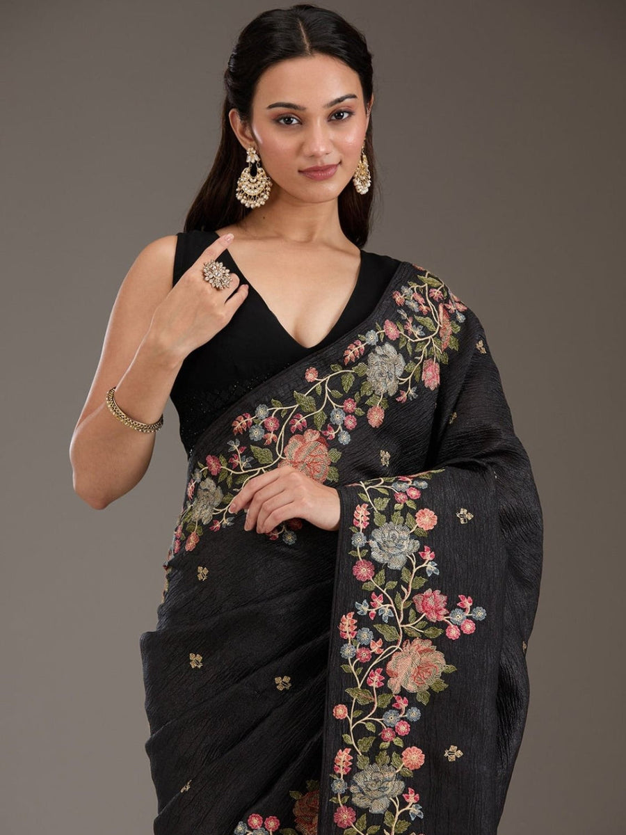 Buy Soft Crunchy Silk Fabric With Multi Thread Work And Piping Lace ...