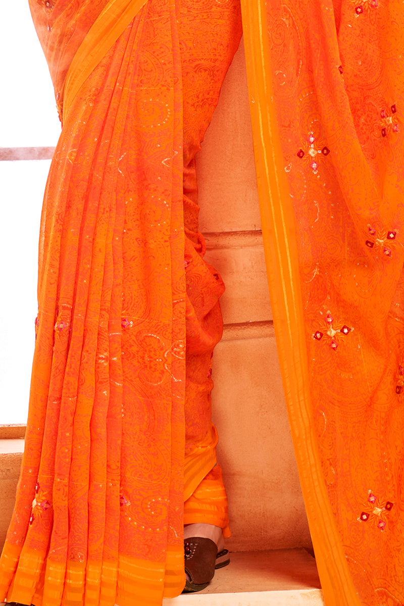 Buy Tiger Orange Chiffon Saree online-Karagiri