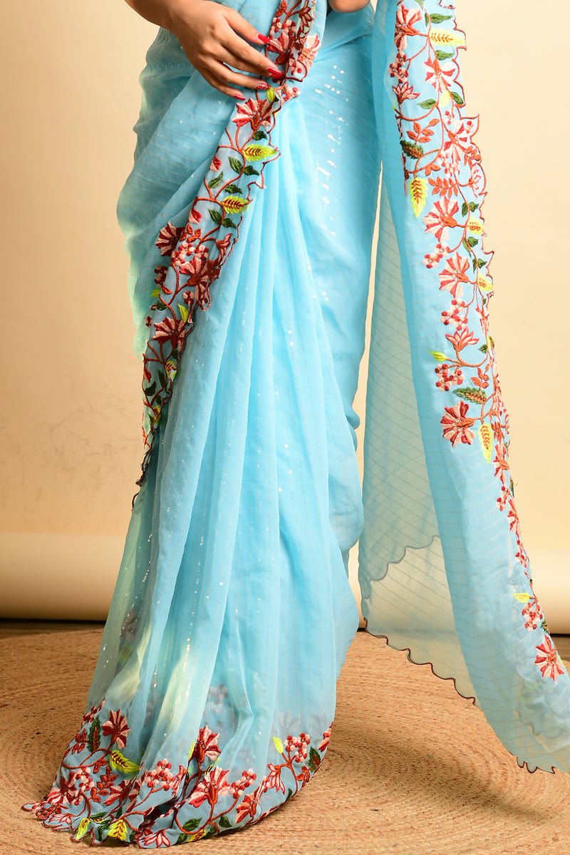 Buy Sky Blue Georgette Saree 91562 Online | Karagiri