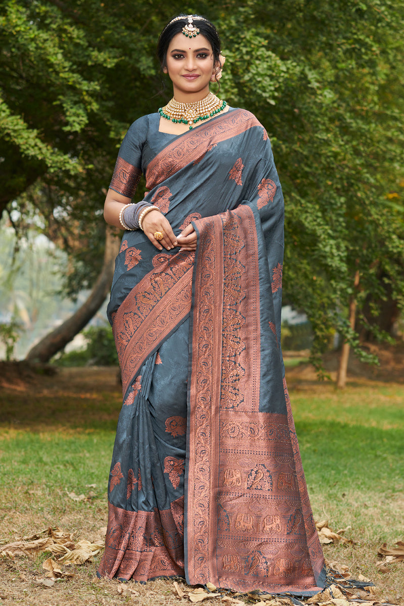 Buy Denim Blue Banarasi Saree online-Karagiri