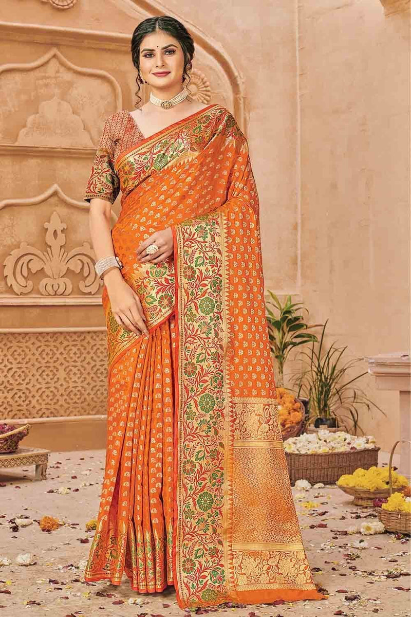 Buy Rust Orange Banarasi Saree 96097 Online | Karagiri