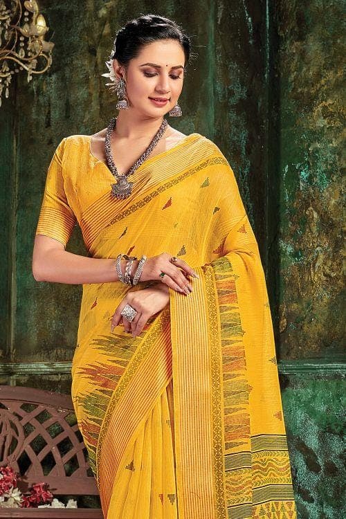 Buy Canary Yellow Cotton Saree online-Karagiri