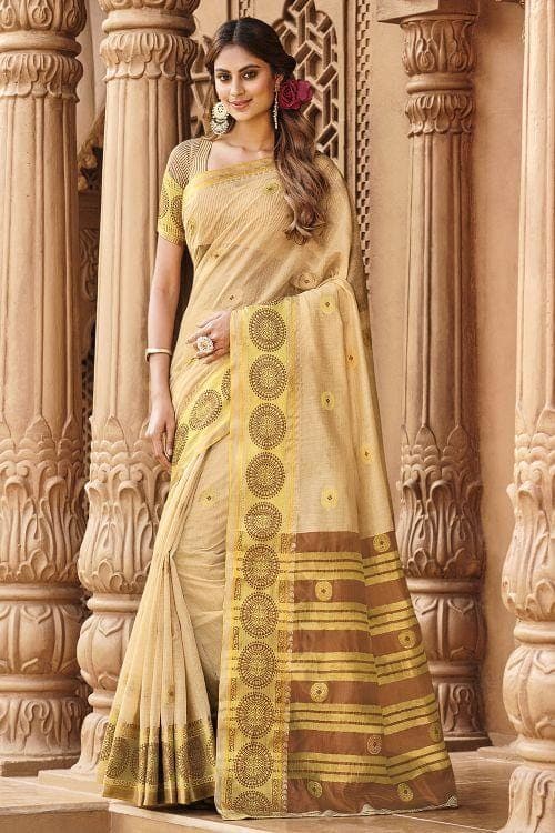 Buy Cream Cotton Saree 64537 Online | Karagiri
