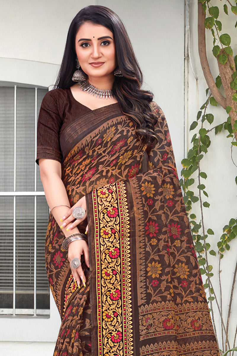 Buy Russet Brown Cotton Saree 74670 Online | Karagiri