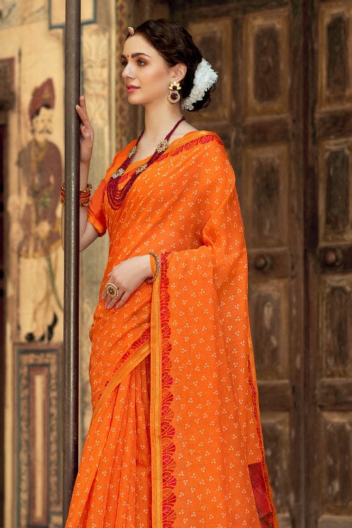 Buy Tiger Orange Cotton Saree 36811 Online | Karagiri