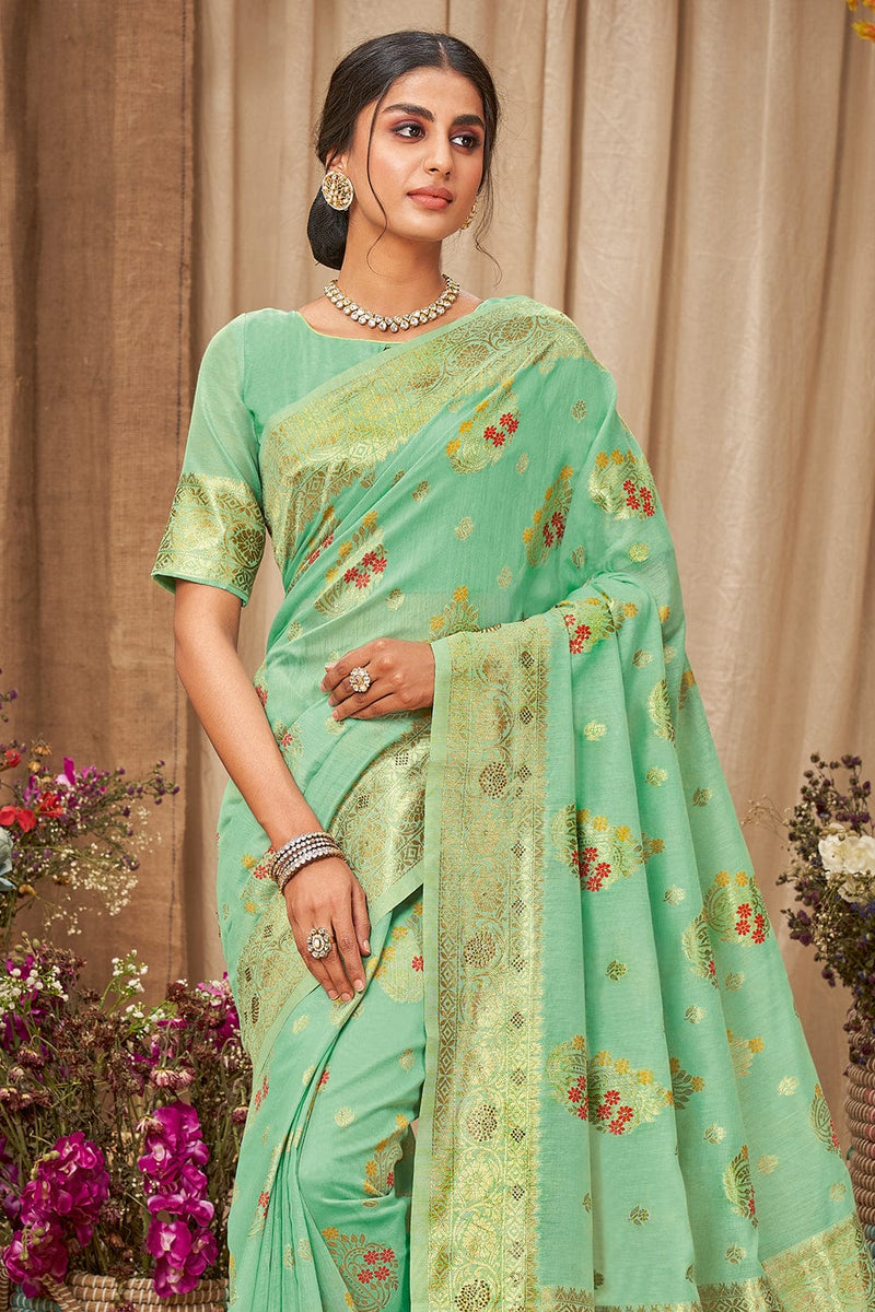 Buy Turquoise Blue Cotton Saree 20453 Online | Karagiri