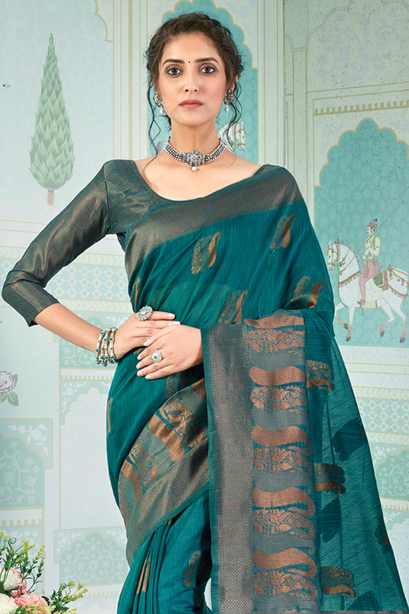 Buy Turquoise Blue Cotton Saree online-Karagiri