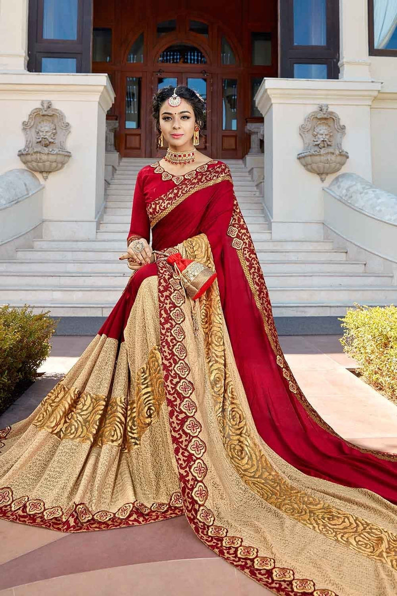 Buy Ruby Red Designer Banarasi Saree online-Karagiri
