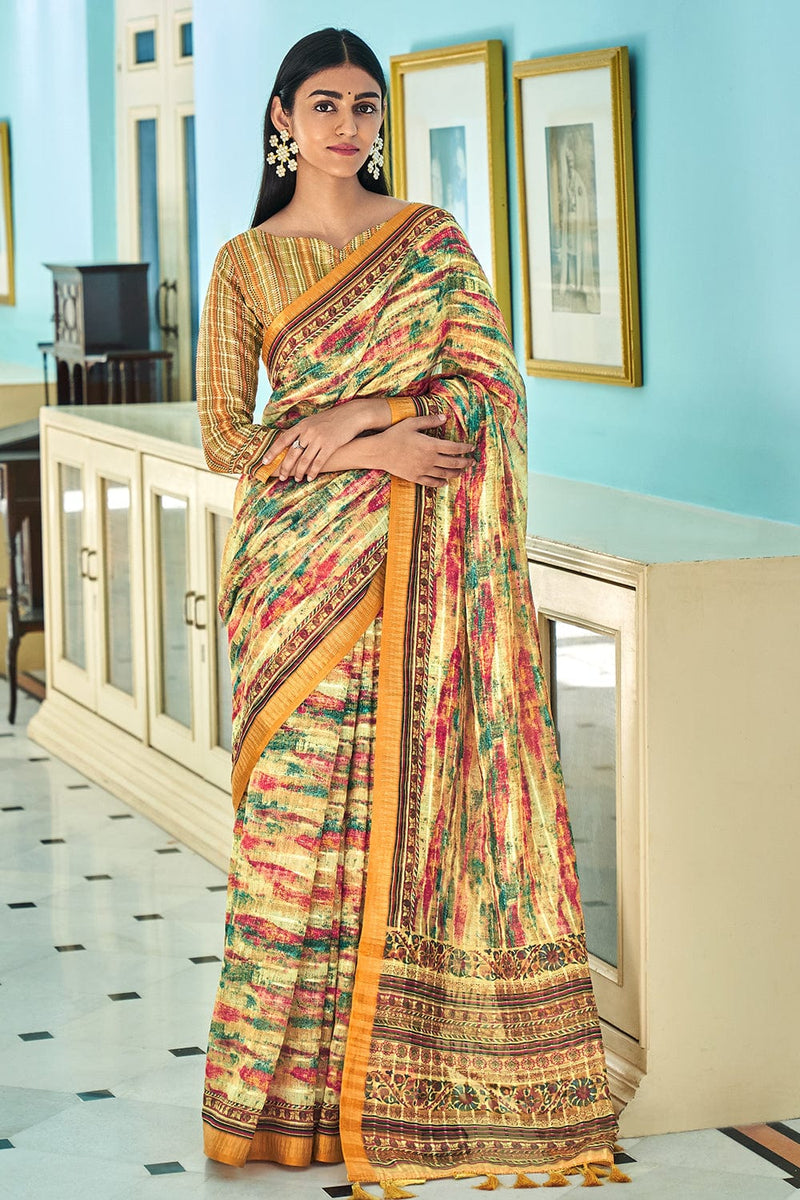 Buy Light Yellow Linen Saree online-Karagiri