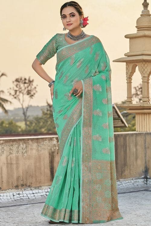 Buy Turquoise Blue Linen Saree 11282 Online | Karagiri