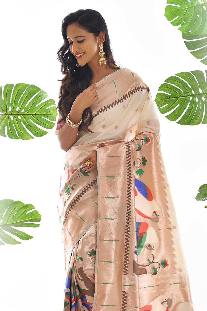 Buy Lily White Paithani Saree online-Karagiri