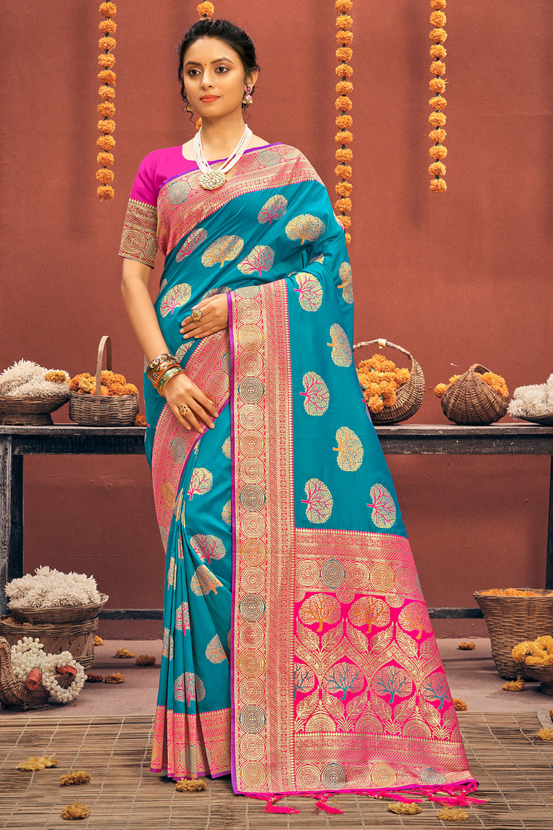 Buy Cyan Blue Banarasi Saree online-Karagiri