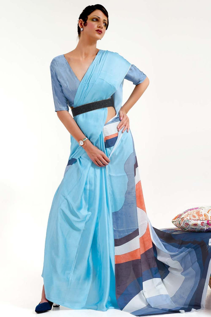 Buy Colorado Blue Satin Crep Saree 21162 Online | Karagiri