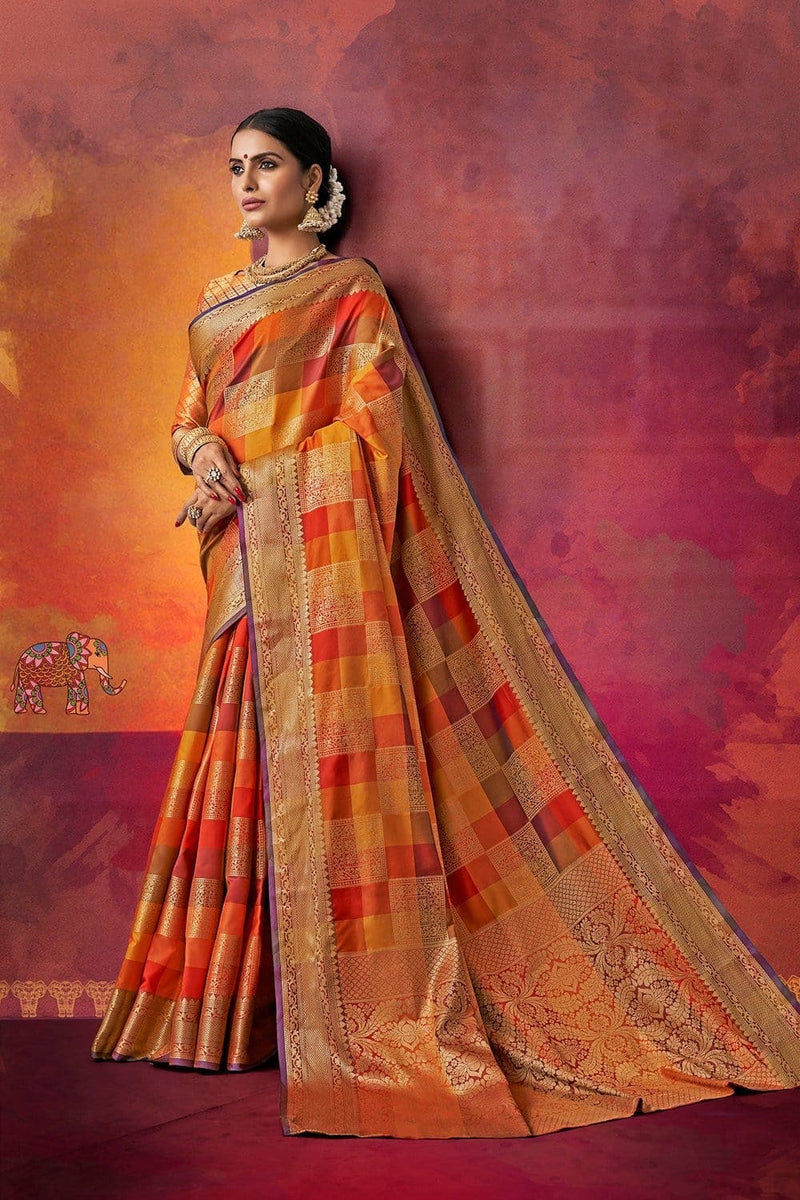 Buy orange zari woven Uppada saree with brocade blouse online at best ...